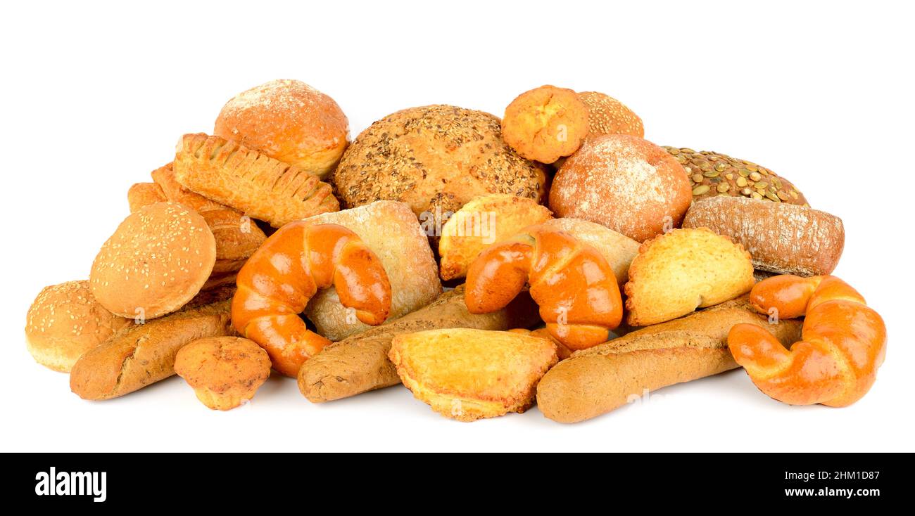 Set bread products isolated on white background Stock Photo - Alamy