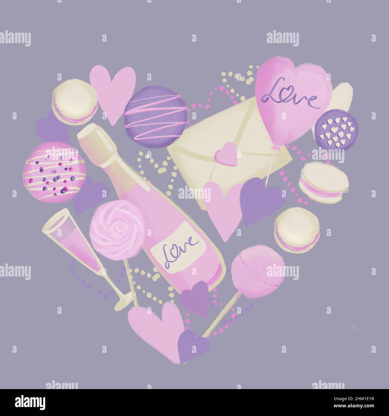 Valentine symbols illustration in heart shape in pink purple color ...