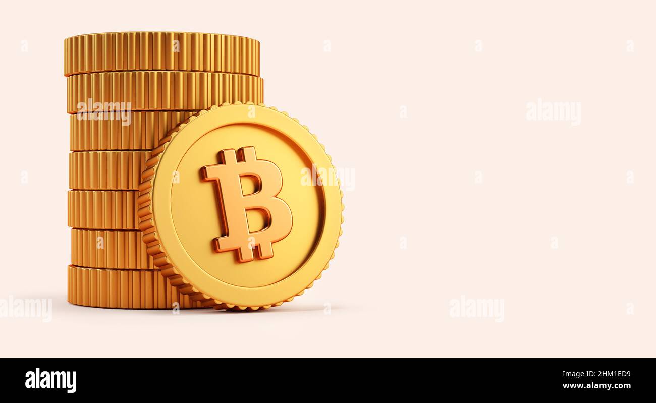 Pile of bitcoins BTC simple golden coins with copy space on neutral background for flyer in ...