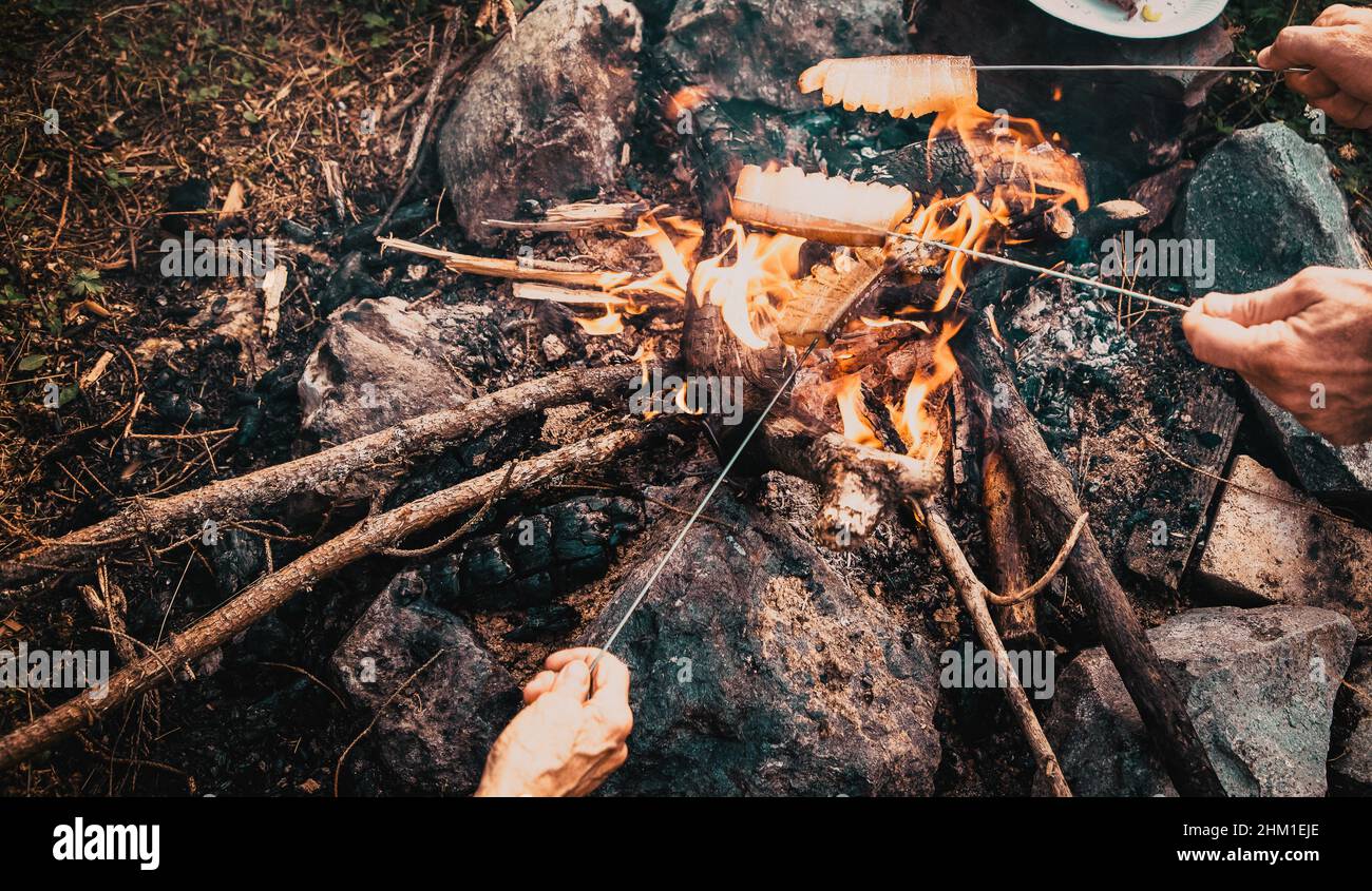 bacon on skewer roasted at fire Stock Photo - Alamy