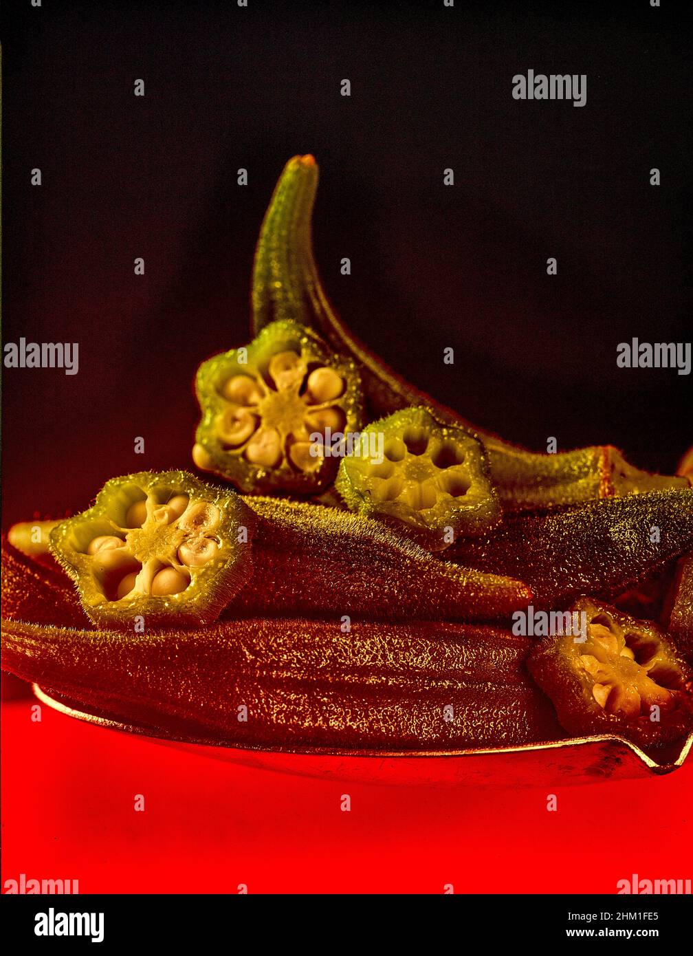 Close up ethnic food still-life of Okra, okro, ladies' fingers, ochro ...