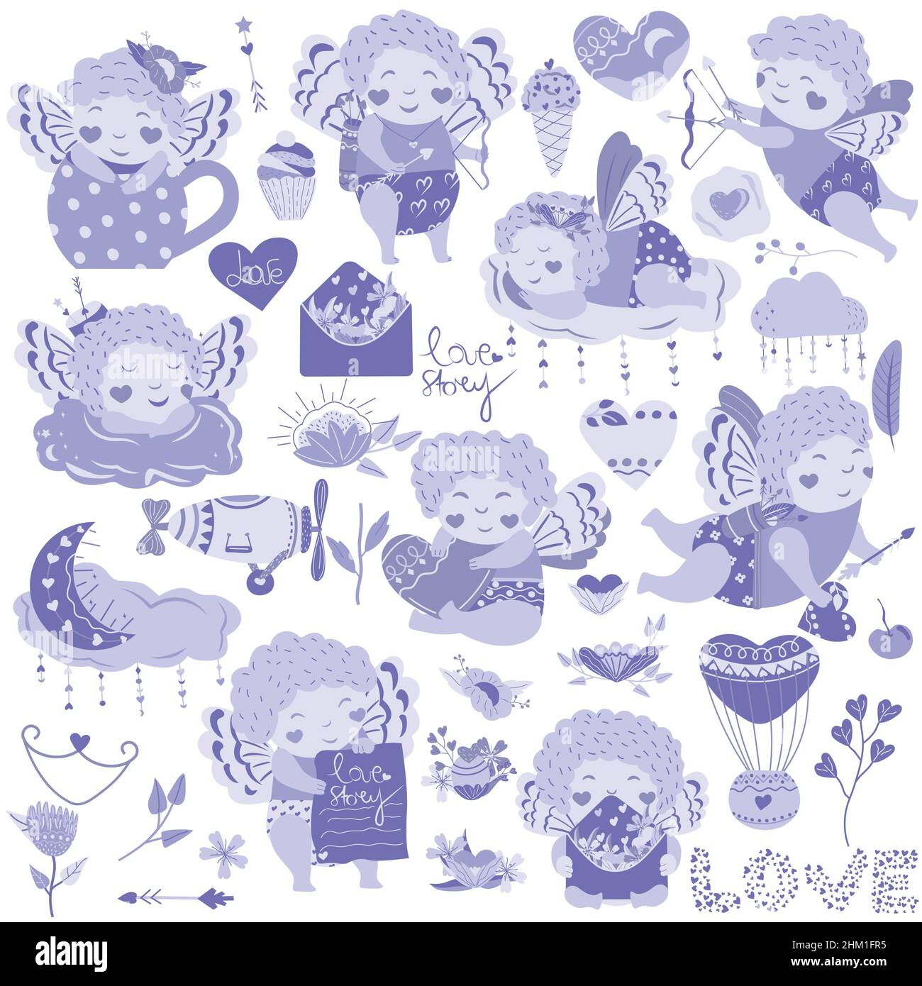 Big set for Valentine's day, happy cupid's, flowers. Cute Cupid's lies ...