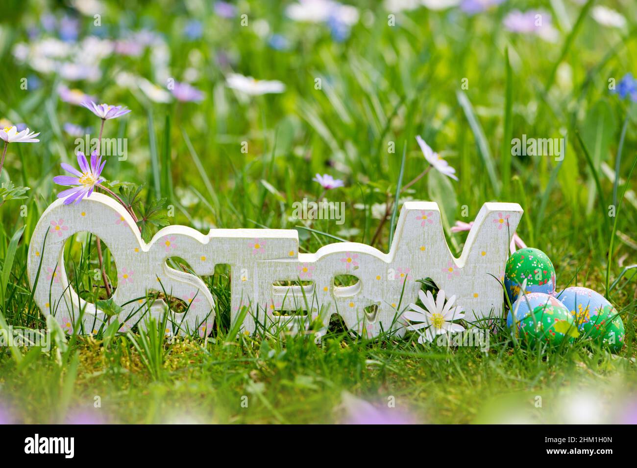 Wooden easter letters in a spring meadow Stock Photo - Alamy