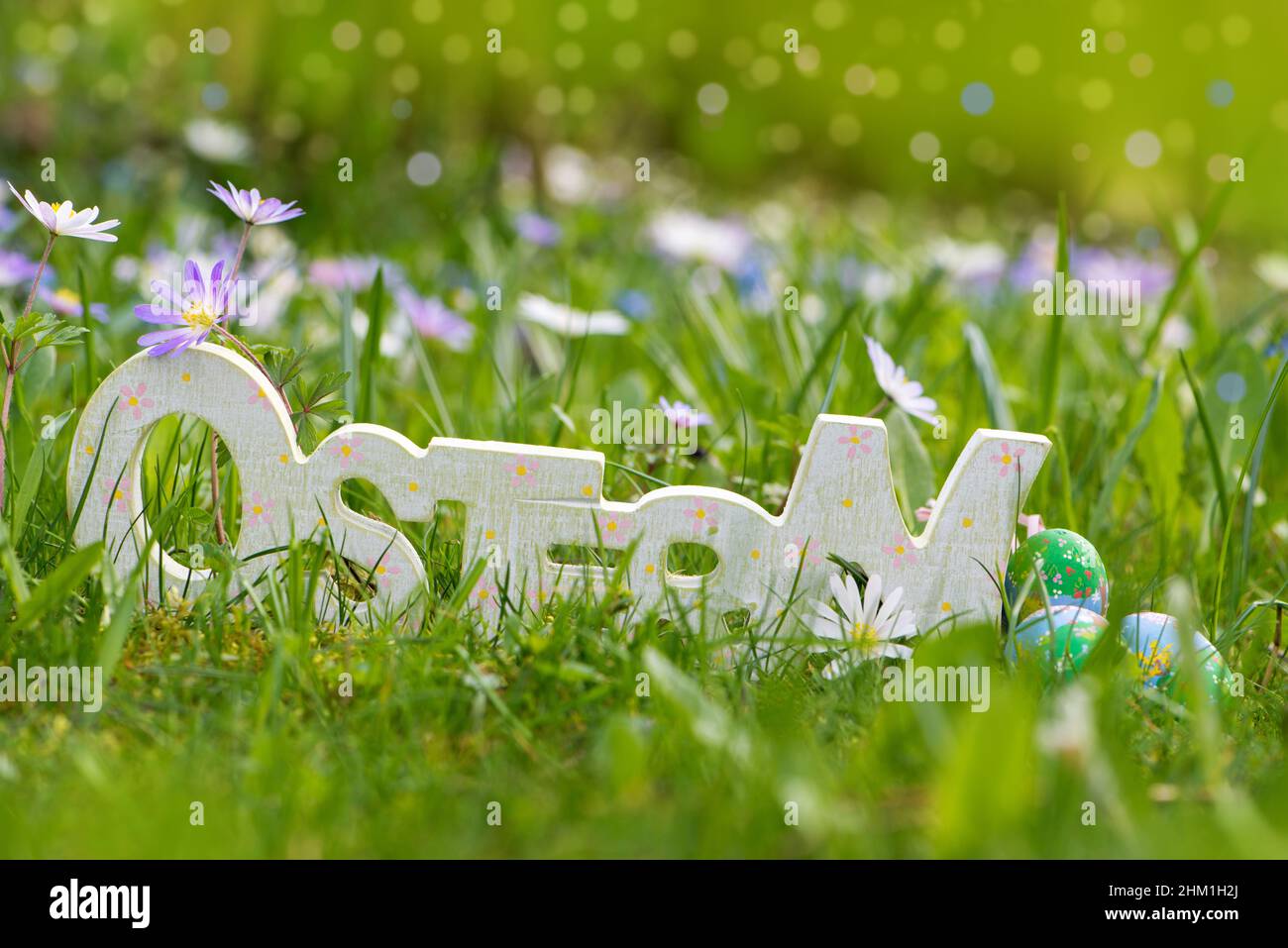 Wooden easter letters in a spring meadow Stock Photo - Alamy