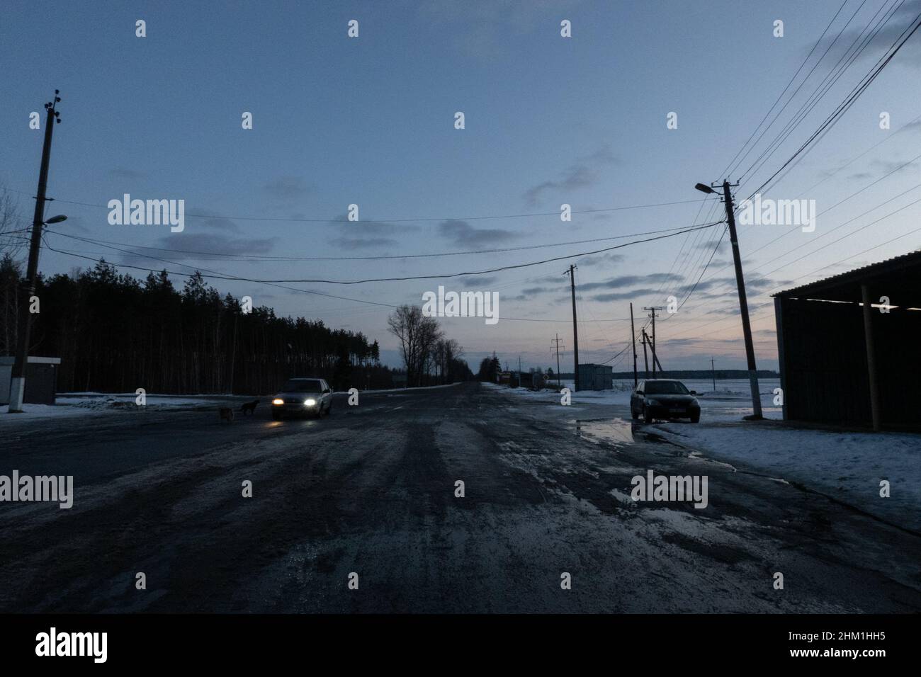 Chernobyl Exclusion Zone, Ukraine. 6th Feb, 2022. A car arrives to a ...