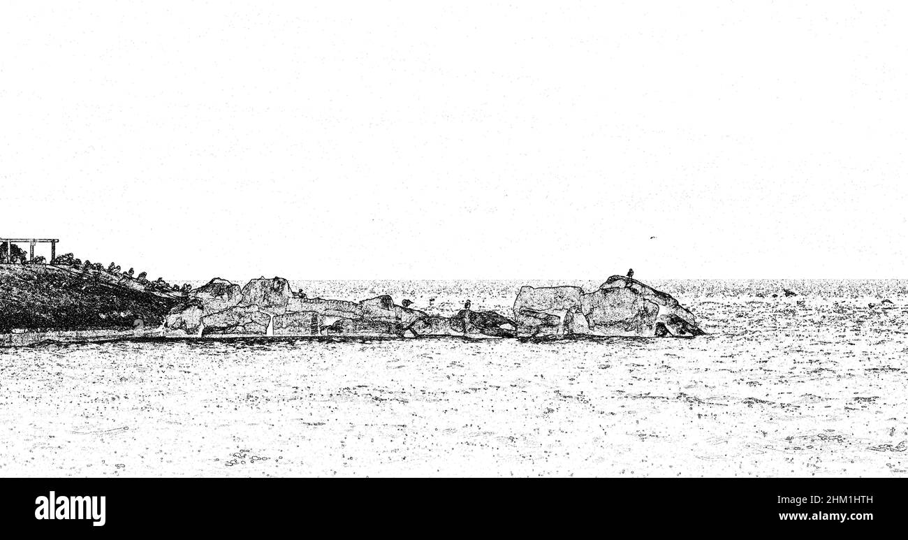 Jetty with seagulls, line art graphic Stock Photo - Alamy