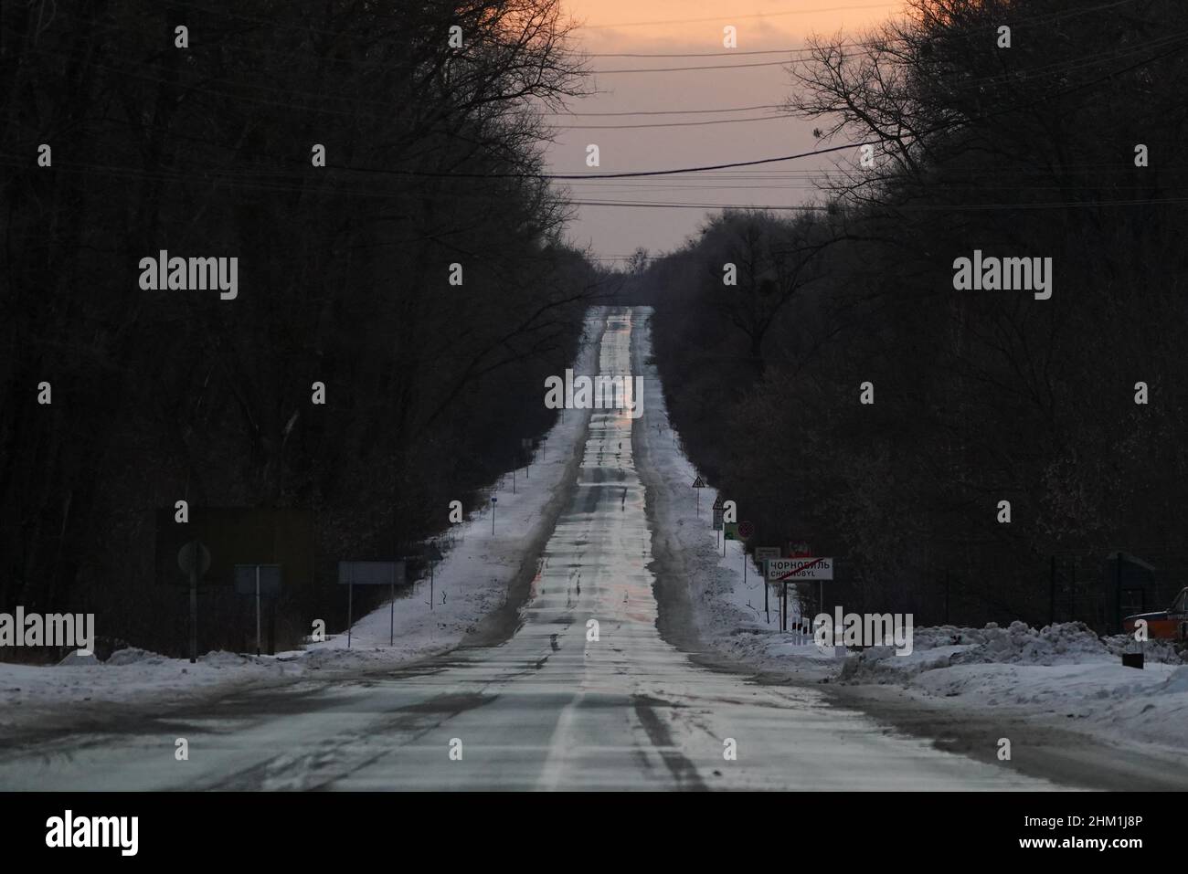 Chernobyl Exclusion Zone, Ukraine. 6th Feb, 2022. The P 56 road leaving ...