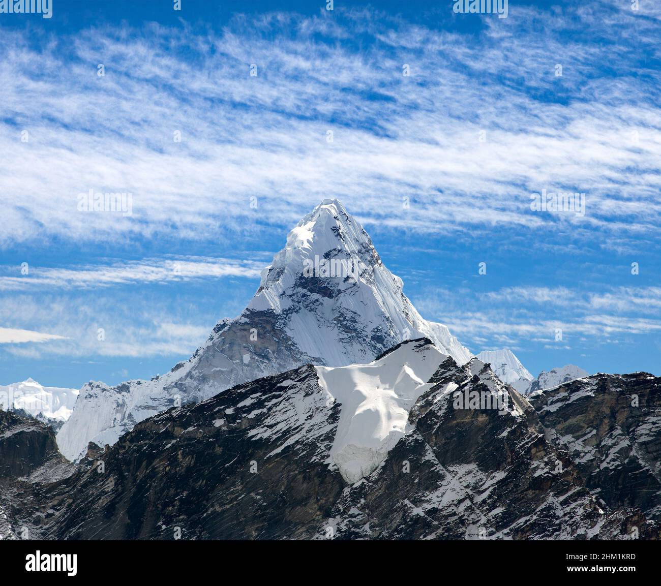 View of mount Ama Dablam on the way to Everest Base Camp with beautiful ...