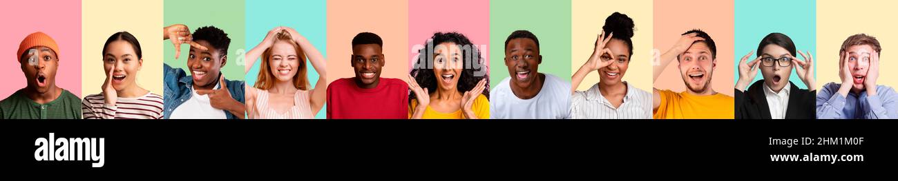 Set of multiethnic millennial people expressing various emotions and ...