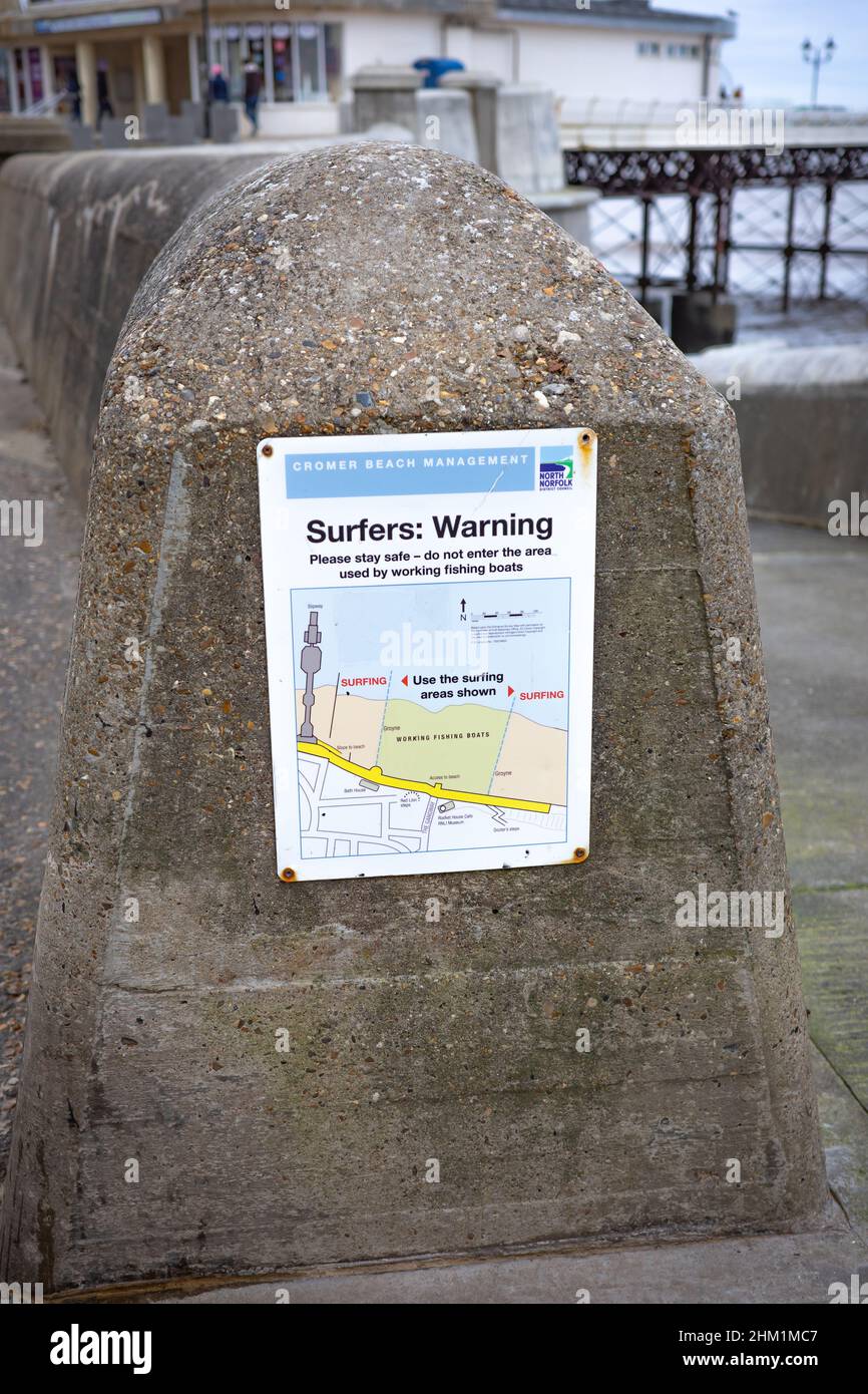 Cromer, Norfolk, UK – February 2022. Information sign warning suffers ...