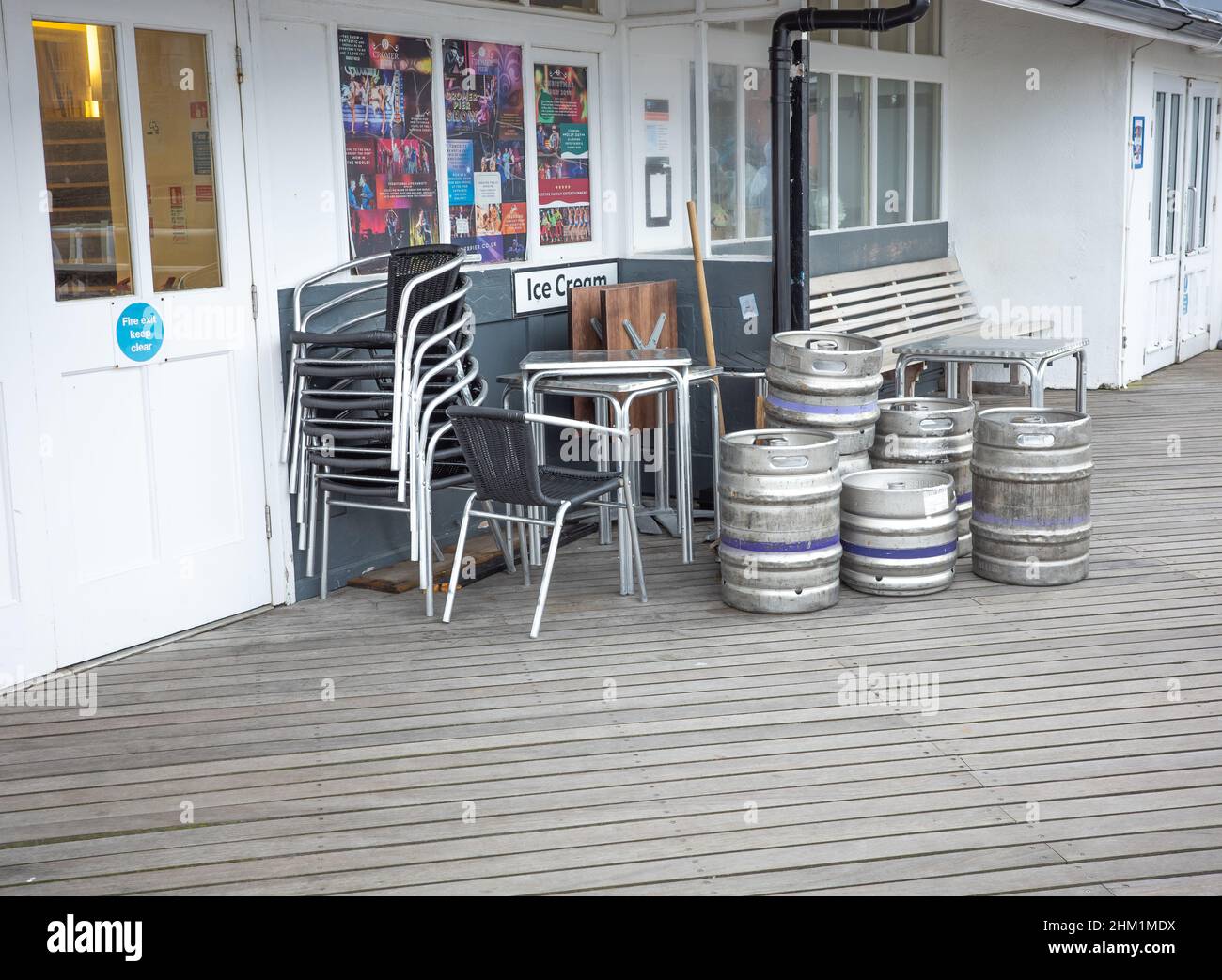 Cromer, Norfolk, UK – February 2022. Empty beer barrels, empty beer ...