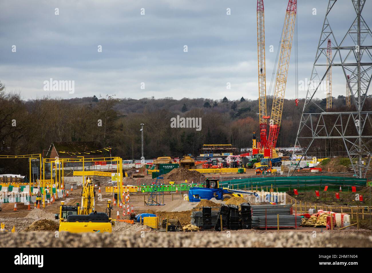 Harefield, UK. 5th February, 2022. A view of works for the HS2 high-speed rail link in the Colne ...