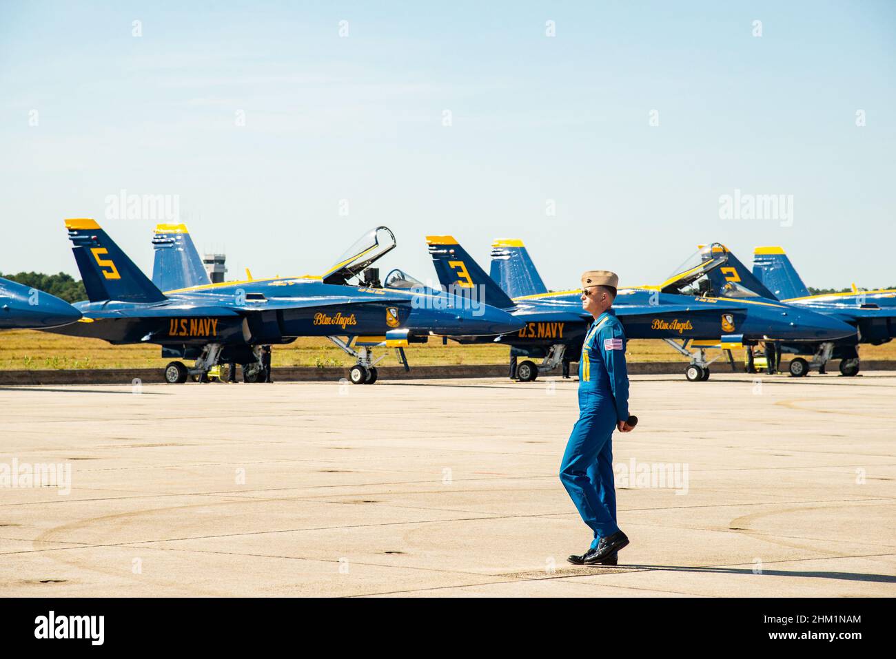 U.S. Navy Blue Angels Flight Demonstration Team. Static ground display and crew members Stock ...