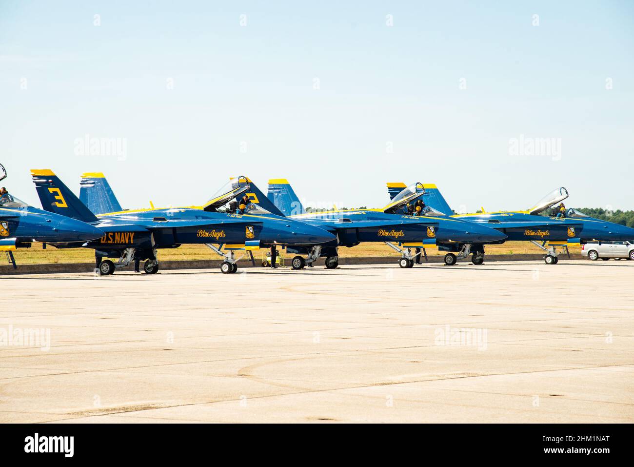 U.S. Navy Blue Angels Flight Demonstration Team. Static ground display and crew members Stock ...