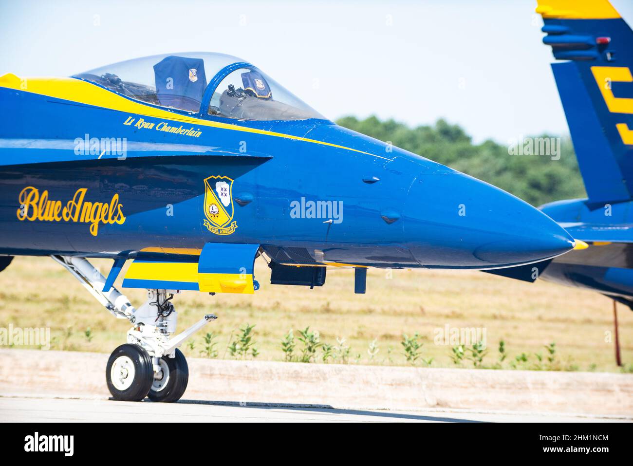 U.S. Navy Blue Angels Flight Demonstration Team. Static ground display and crew members Stock ...