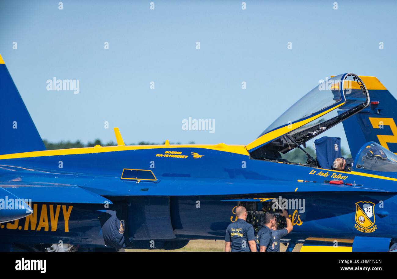 U.S. Navy Blue Angels Flight Demonstration Team. Static ground display and crew members Stock ...