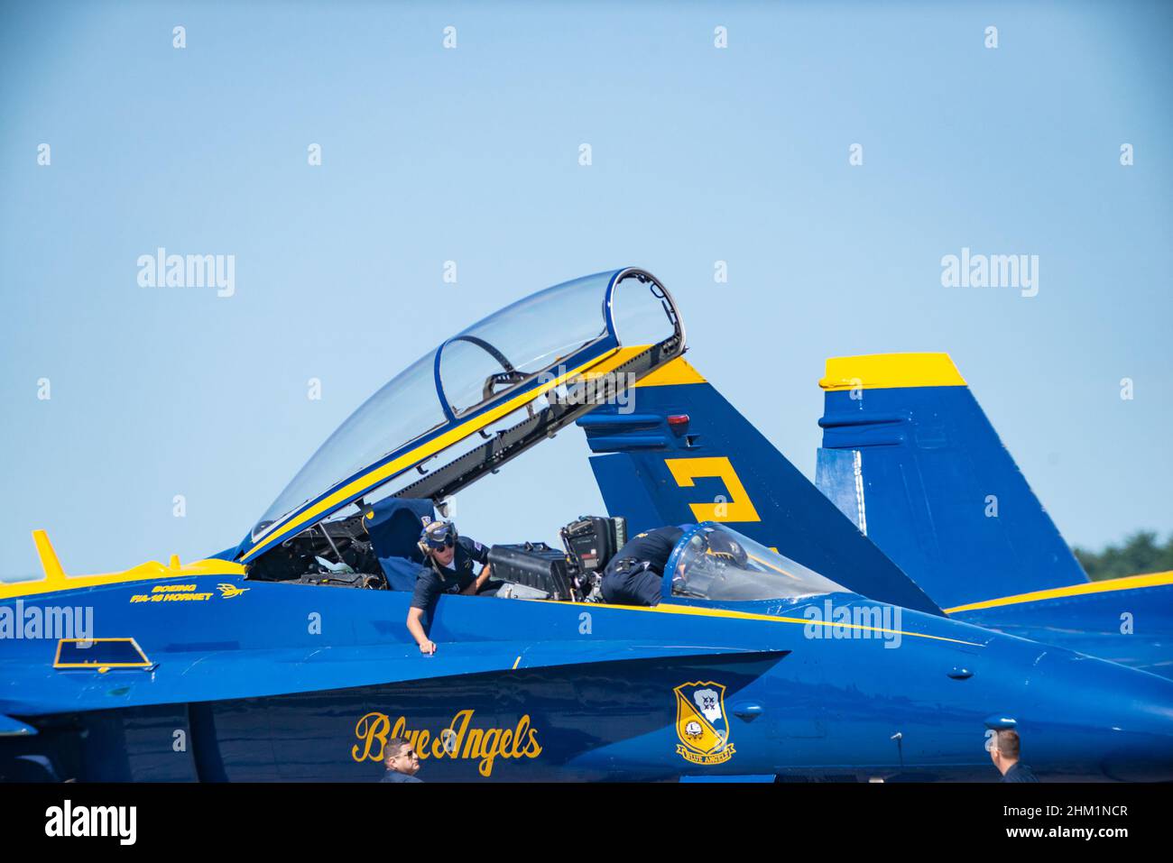 U.S. Navy Blue Angels Flight Demonstration Team. Static ground display and crew members Stock ...