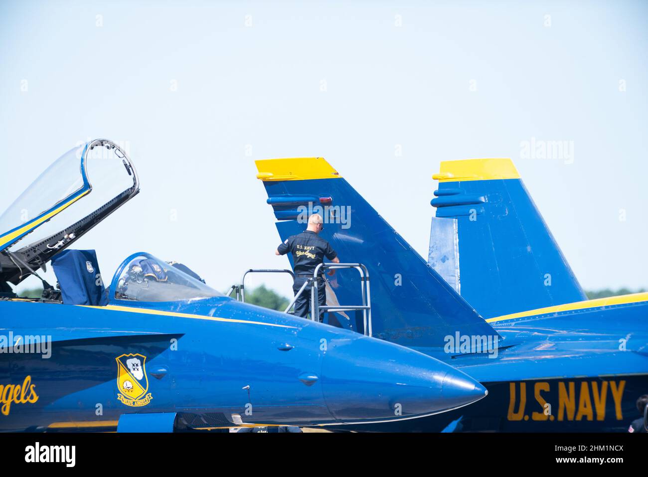 U.S. Navy Blue Angels Flight Demonstration Team. Static ground display and crew members Stock ...