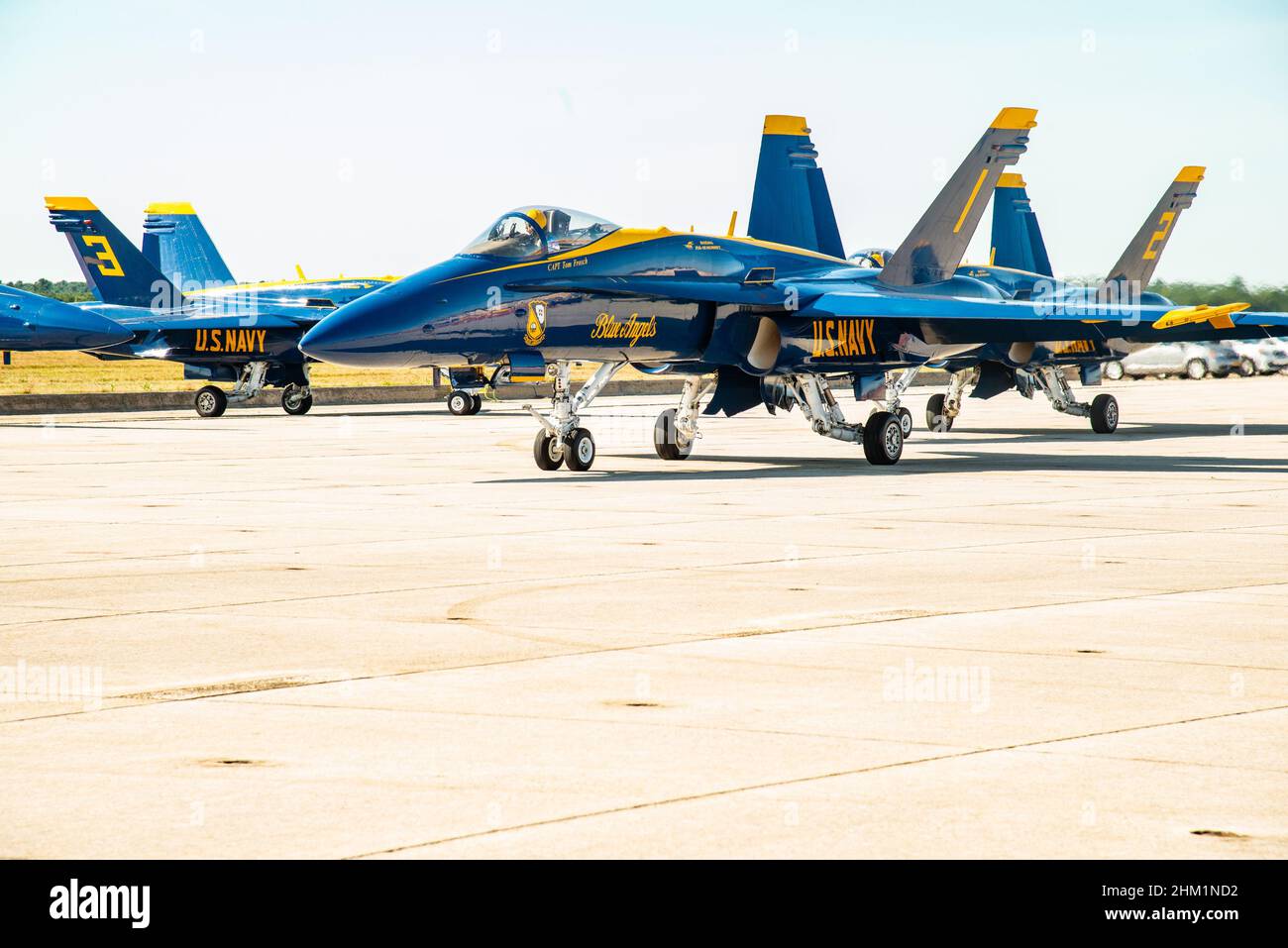 U.S. Navy Blue Angels Flight Demonstration Team. Static ground display and crew members Stock ...