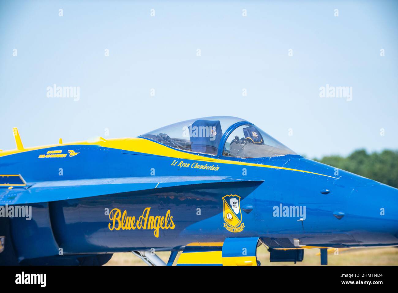 U.S. Navy Blue Angels Flight Demonstration Team. Static ground display and crew members Stock ...