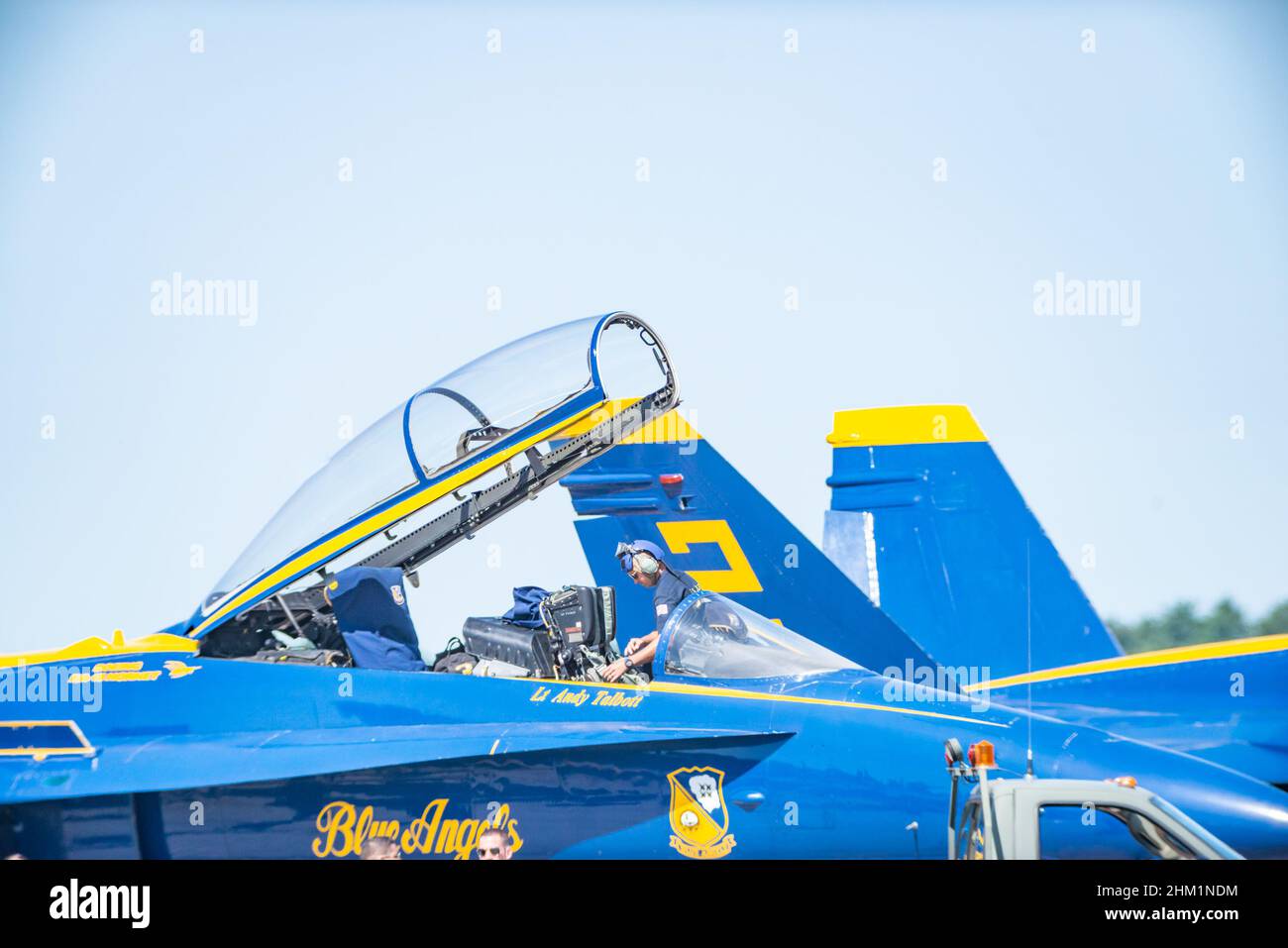 U.S. Navy Blue Angels Flight Demonstration Team. Static ground display and crew members Stock ...
