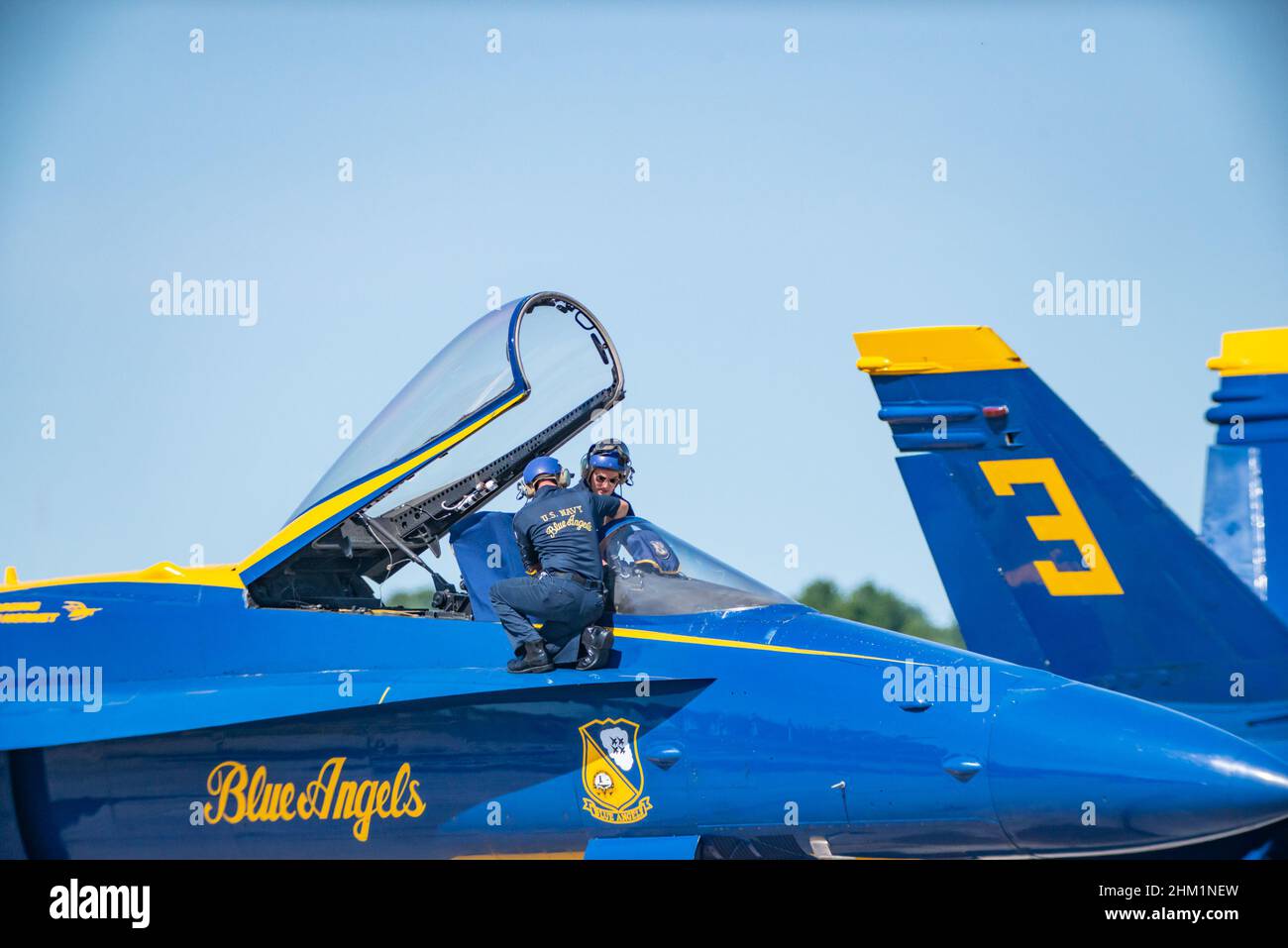 U.S. Navy Blue Angels Flight Demonstration Team. Static ground display and crew members Stock ...