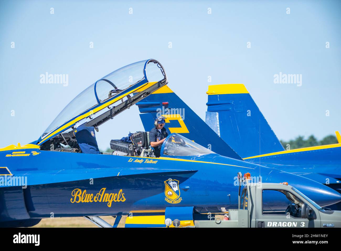U.S. Navy Blue Angels Flight Demonstration Team. Static ground display and crew members Stock ...