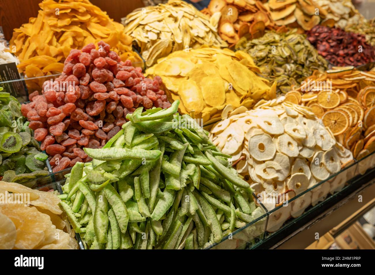 Dry fruits in the market or bazaar. Dried fruits in different flavors ...