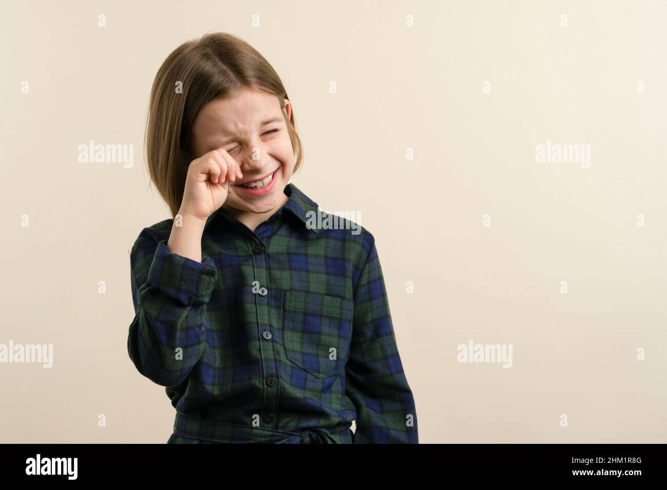 Excited Kid Little Girl 9s Wearing Plaid Shirt Dress Laugh until Cry ...