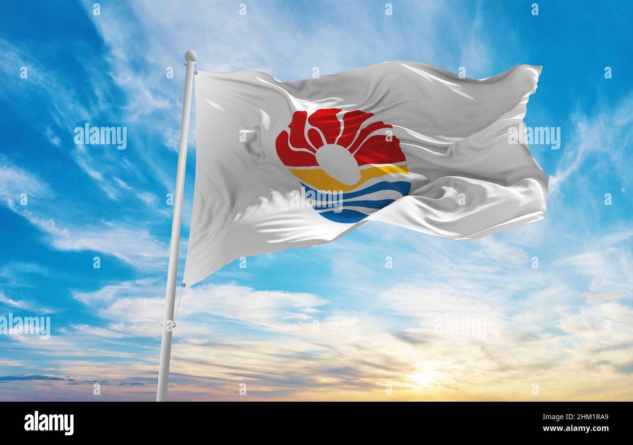 flag of Benito Juarez , Mexico at cloudy sky background on sunset ...