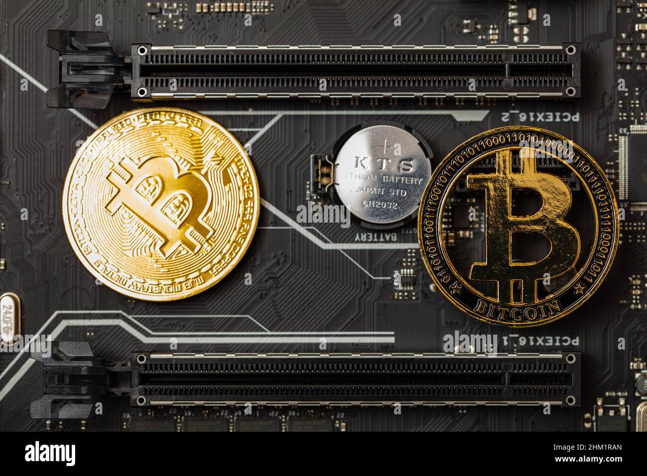 Bitcoin on computer motherboard background. Cryptocurrecy concept Stock ...