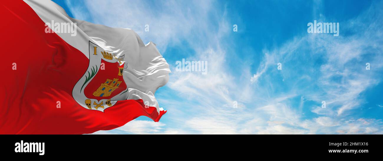 flag of Tlaxcala , Mexico at cloudy sky background on sunset, panoramic ...