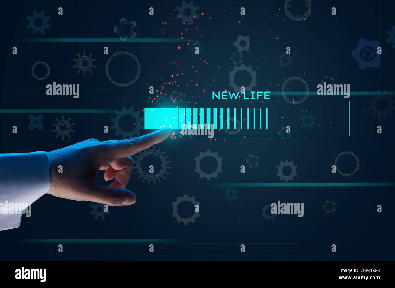 new life loading virtual scheme and female hand on dark blue background ...