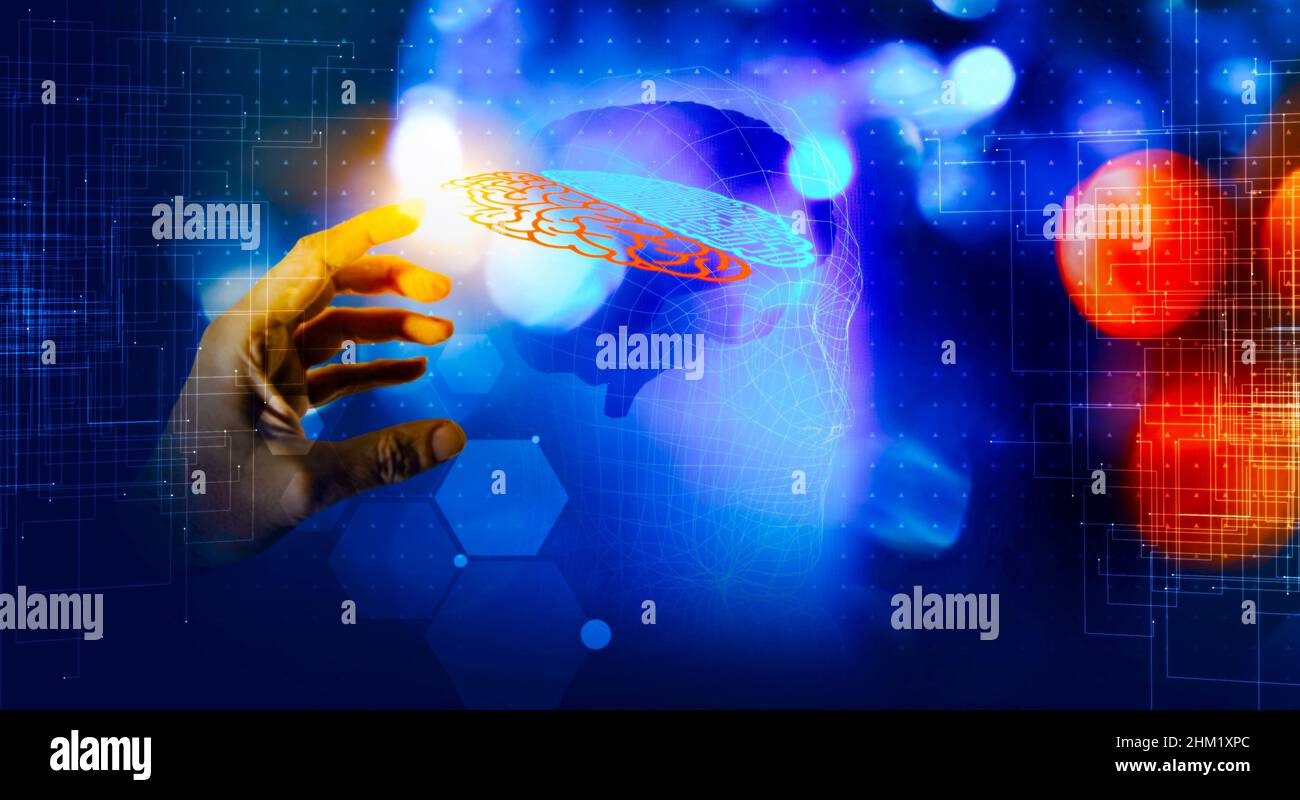 Man hand touching. Introduction of artificial intelligence, the metaverse universe. Cyberspace ...