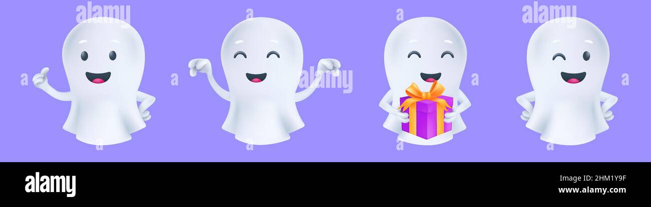 3D render of cute and funny cartoon ghosts icon set. Vector ...