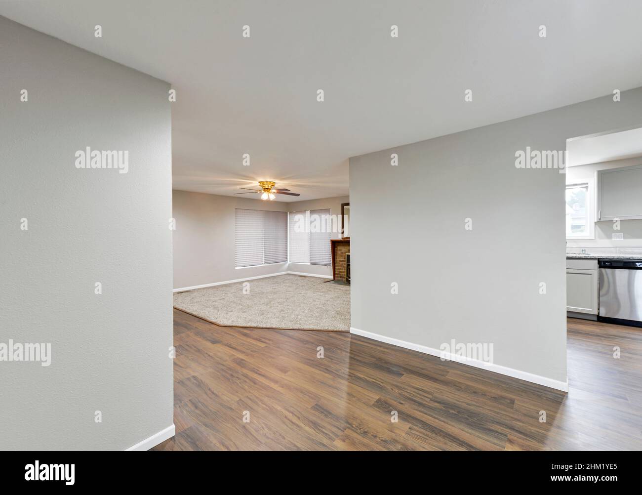 Modern residential empty dining room, living room, and kitchen interior ...