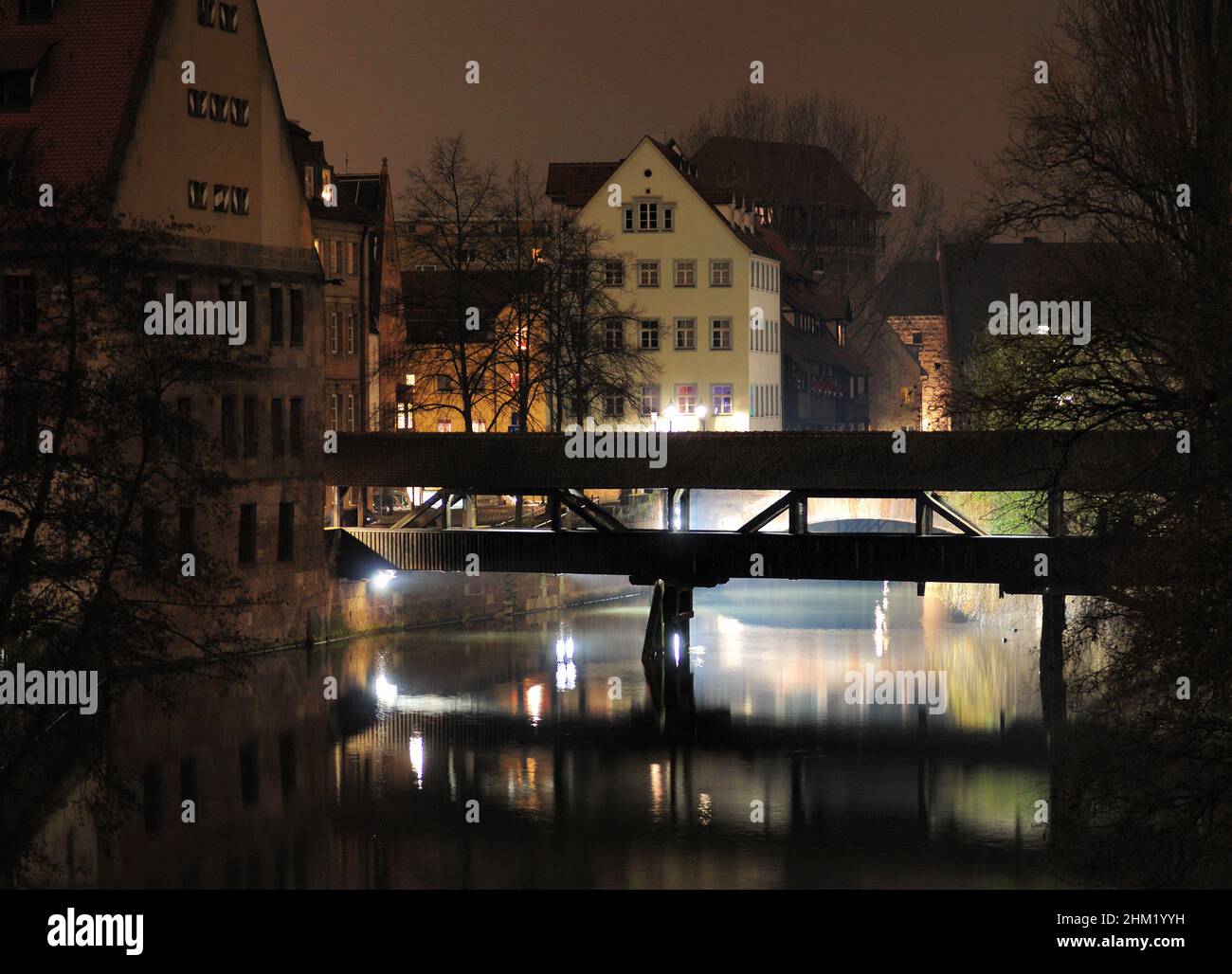Historic Covered Timber Bridge Henkersteg In Nuremberg At Night Germany ...
