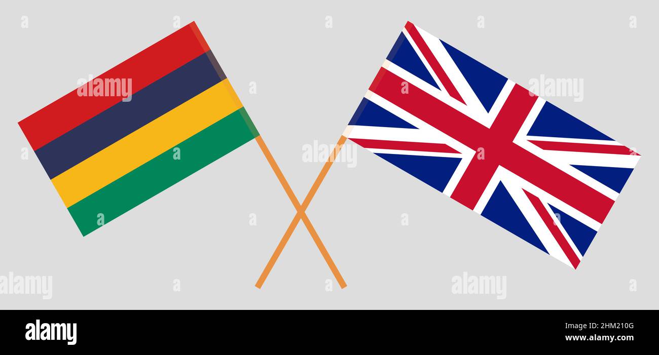 Crossed and waving flags of Mauritius and the UK. Vector illustration ...
