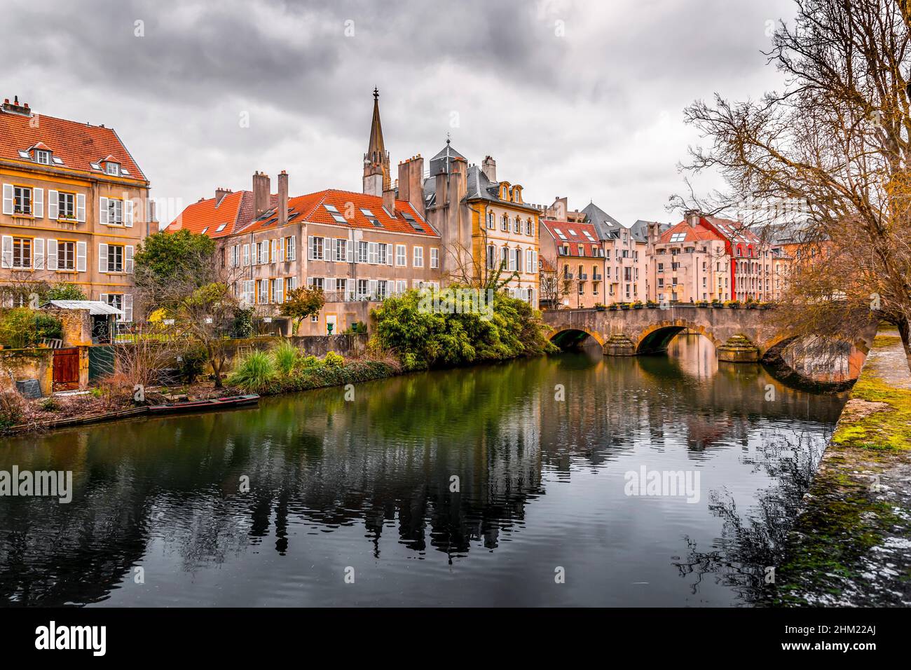Cityscape view from the beautiful city of Metz in France. Bridges ...