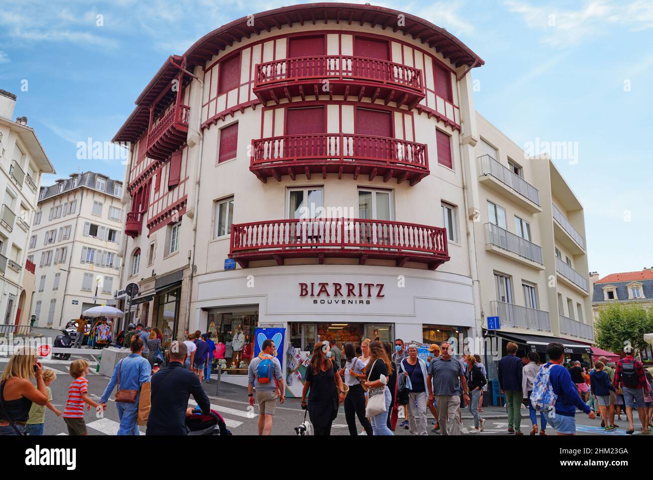 BIARRITZ, FRANCE -17 AUG 2021- View of a traditional building in Basque ...