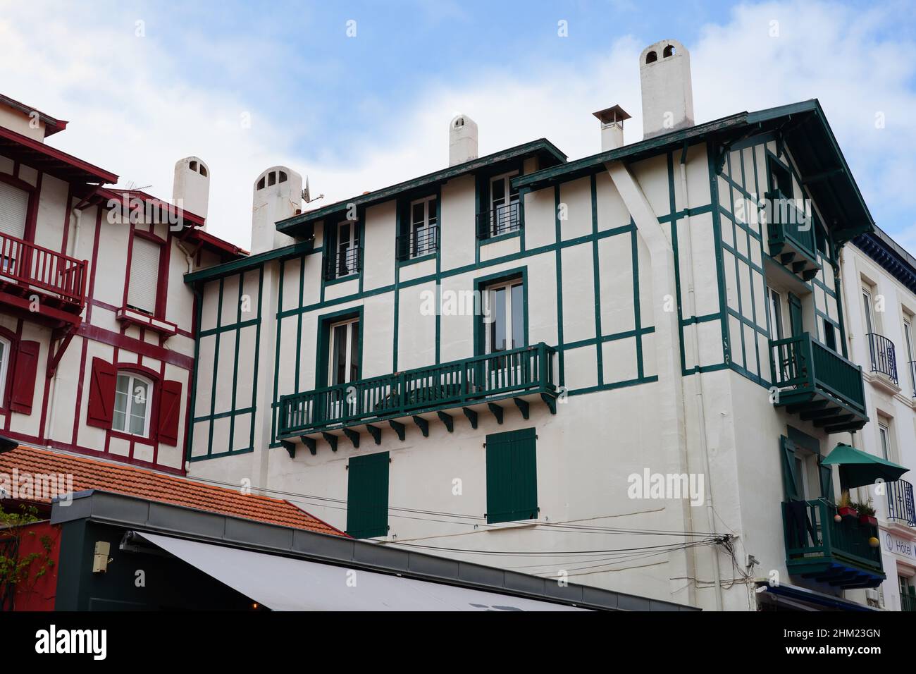 BIARRITZ, FRANCE -17 AUG 2021- View of a traditional building in Basque ...