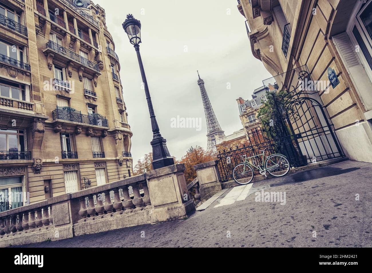 small paris street view of the Eiffel Tower in paris, france Stock ...