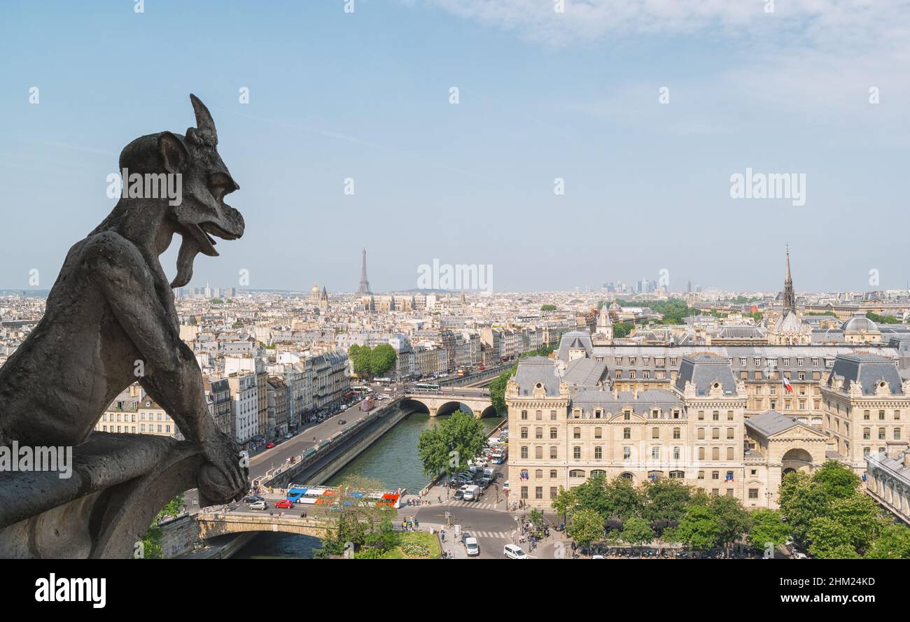 Chimera (gargoyle) of the Cathedral of Notre Dame de Paris overlooking ...