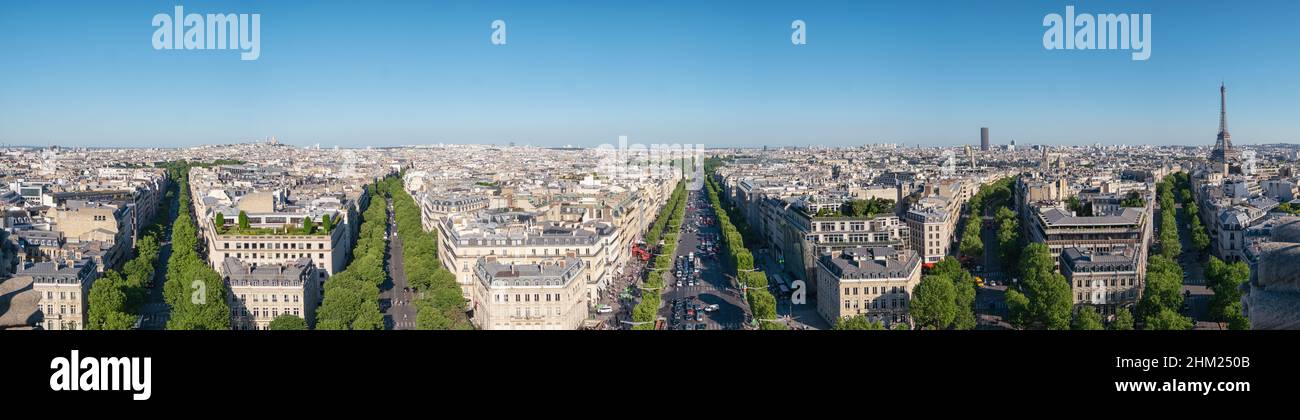 Paris, France. Panoramic view from Arc de Triomphe. Eiffel Tower and Avenue des Champs Elysees ...