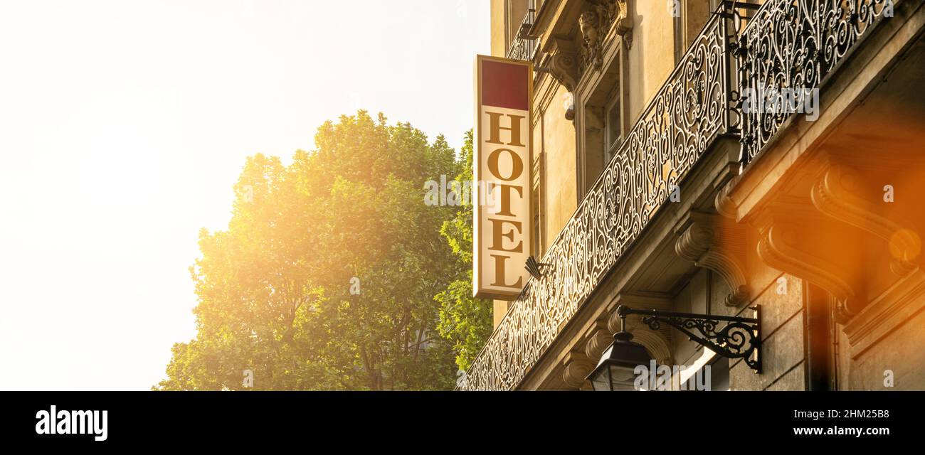 Hotel sign on a building, banner size Stock Photo - Alamy