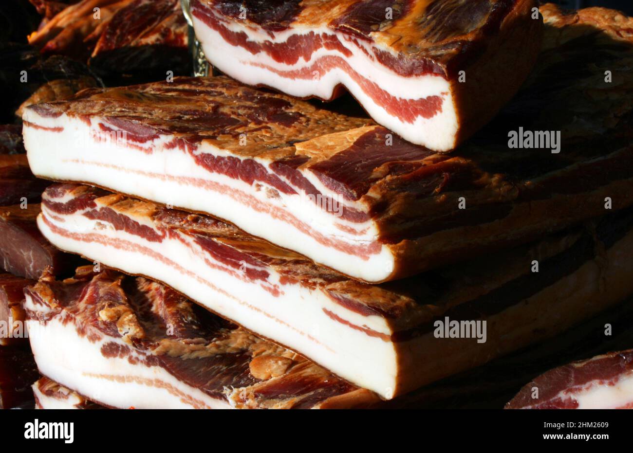 Domestic dried pork bacon, meat texture, traditional way Stock Photo ...