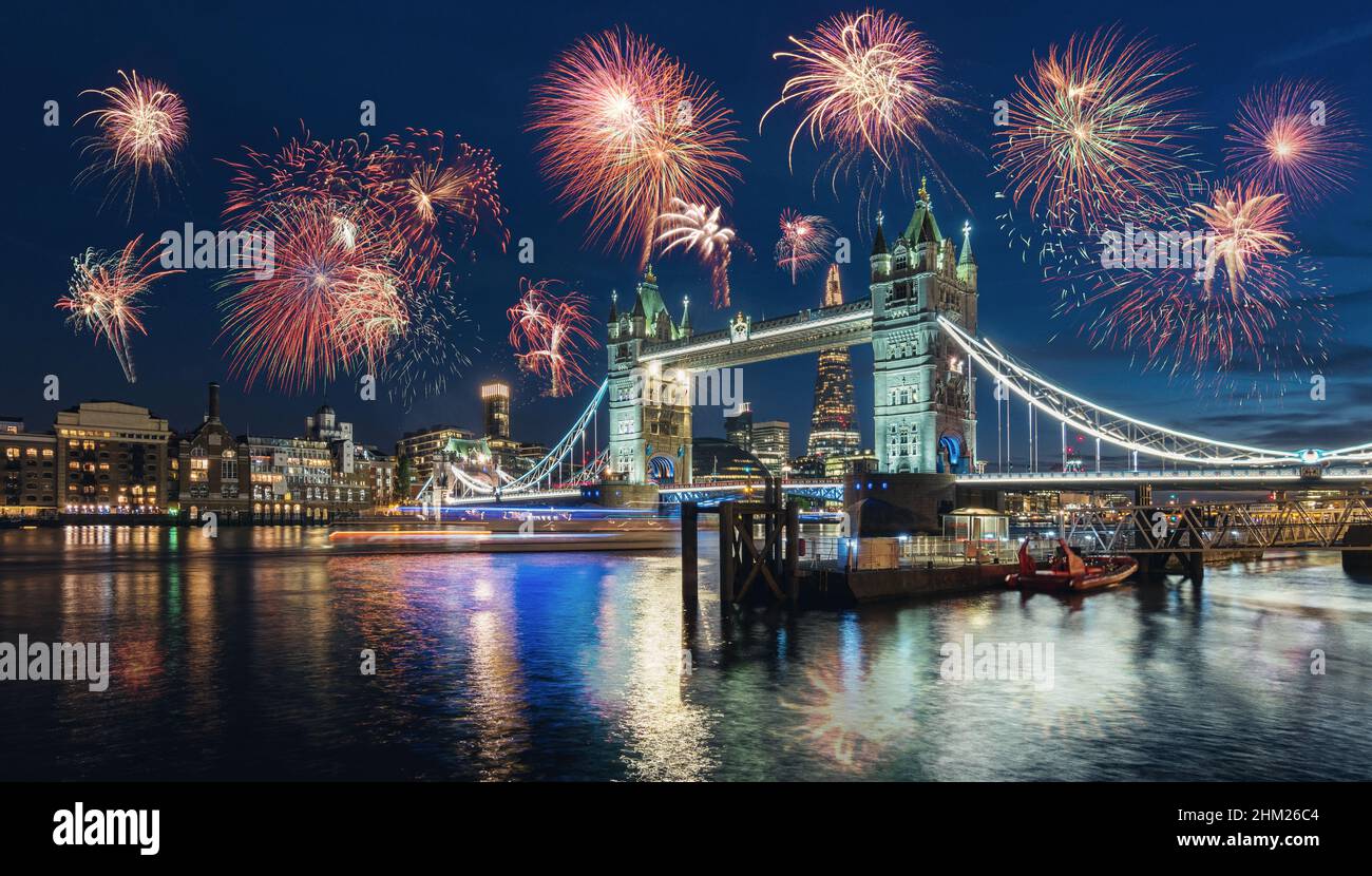 celebration of the New Year in London at the Tower bridge with firework ...