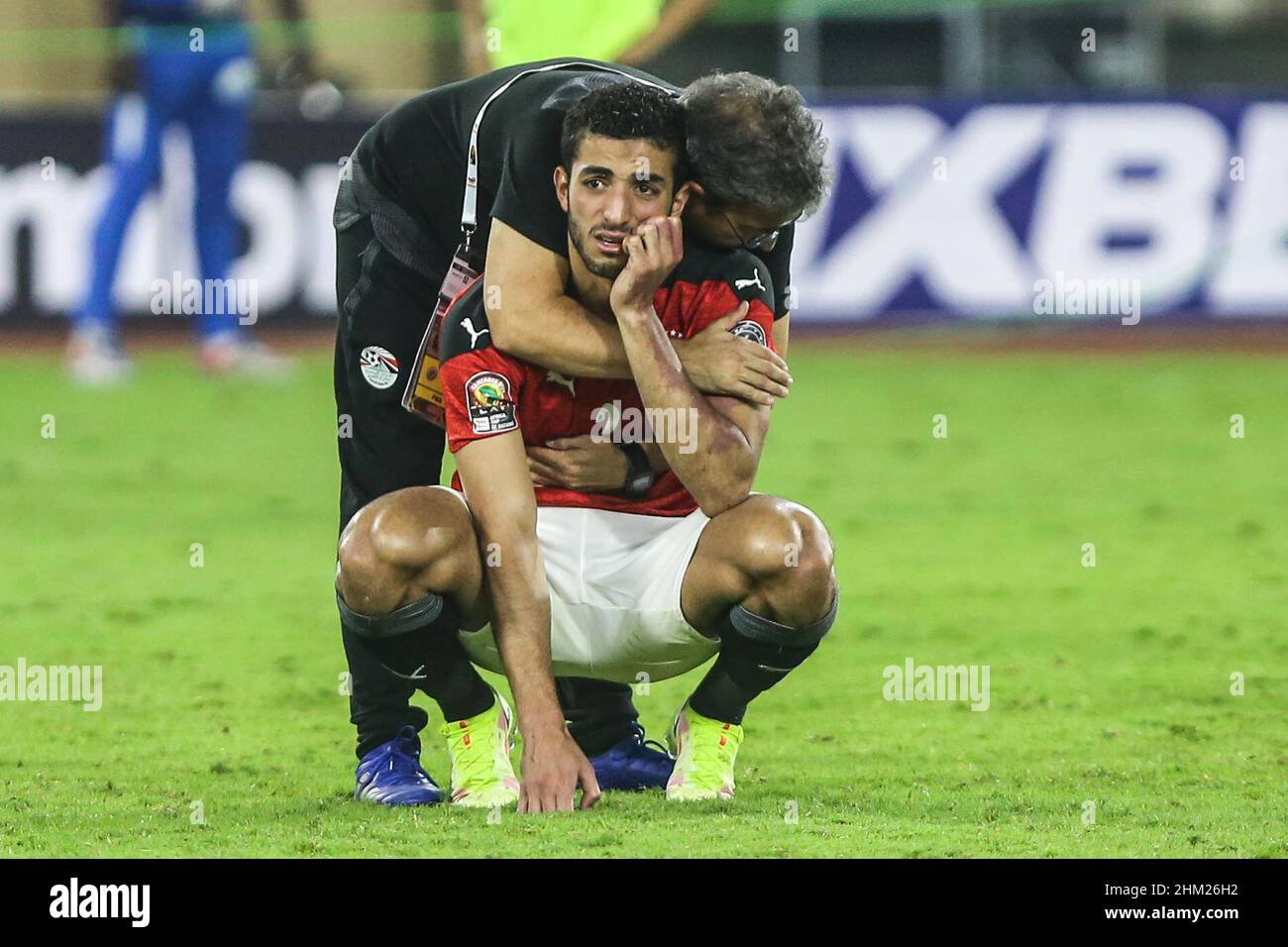 Yaounde, Cameroon. 06th Feb, 2022. Egypt's Mohamed Abdelmonem appears dejected after his team's ...