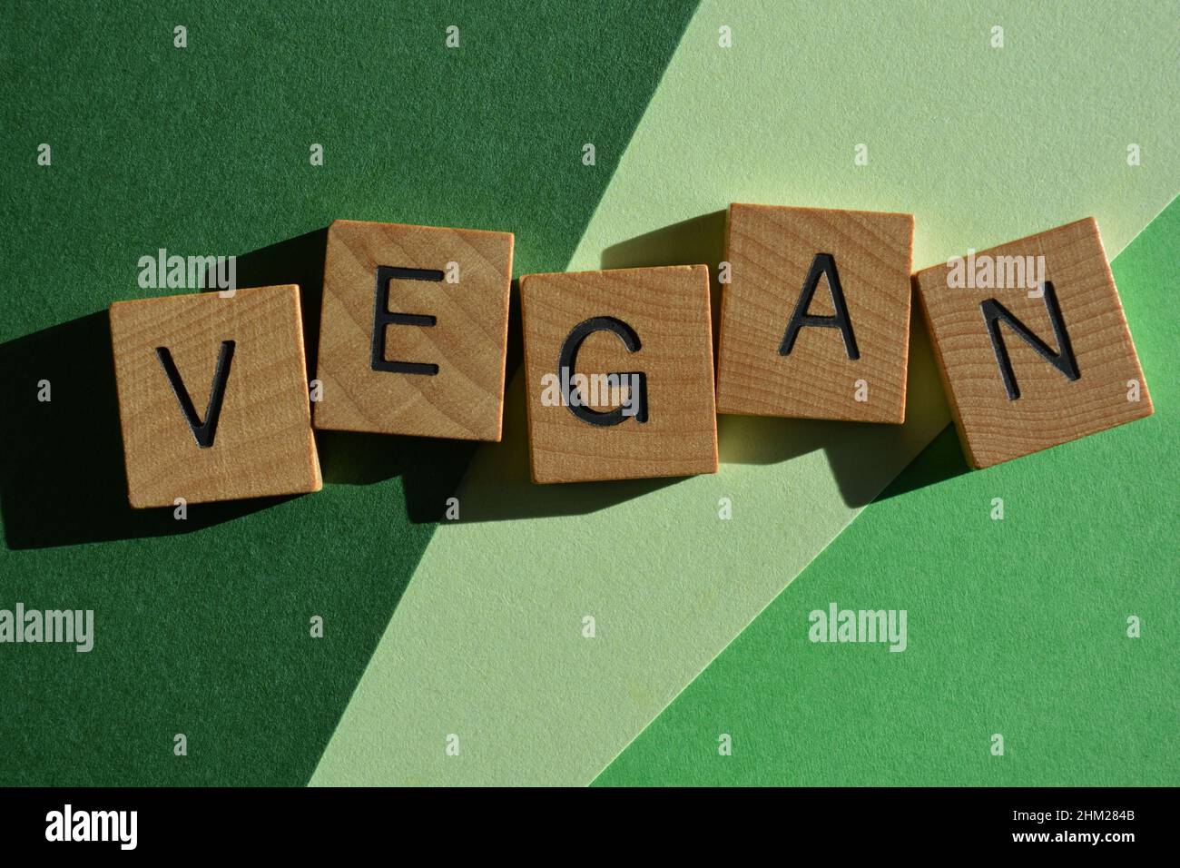 Vegan, word in wooden alphabet letters isolated on green background ...