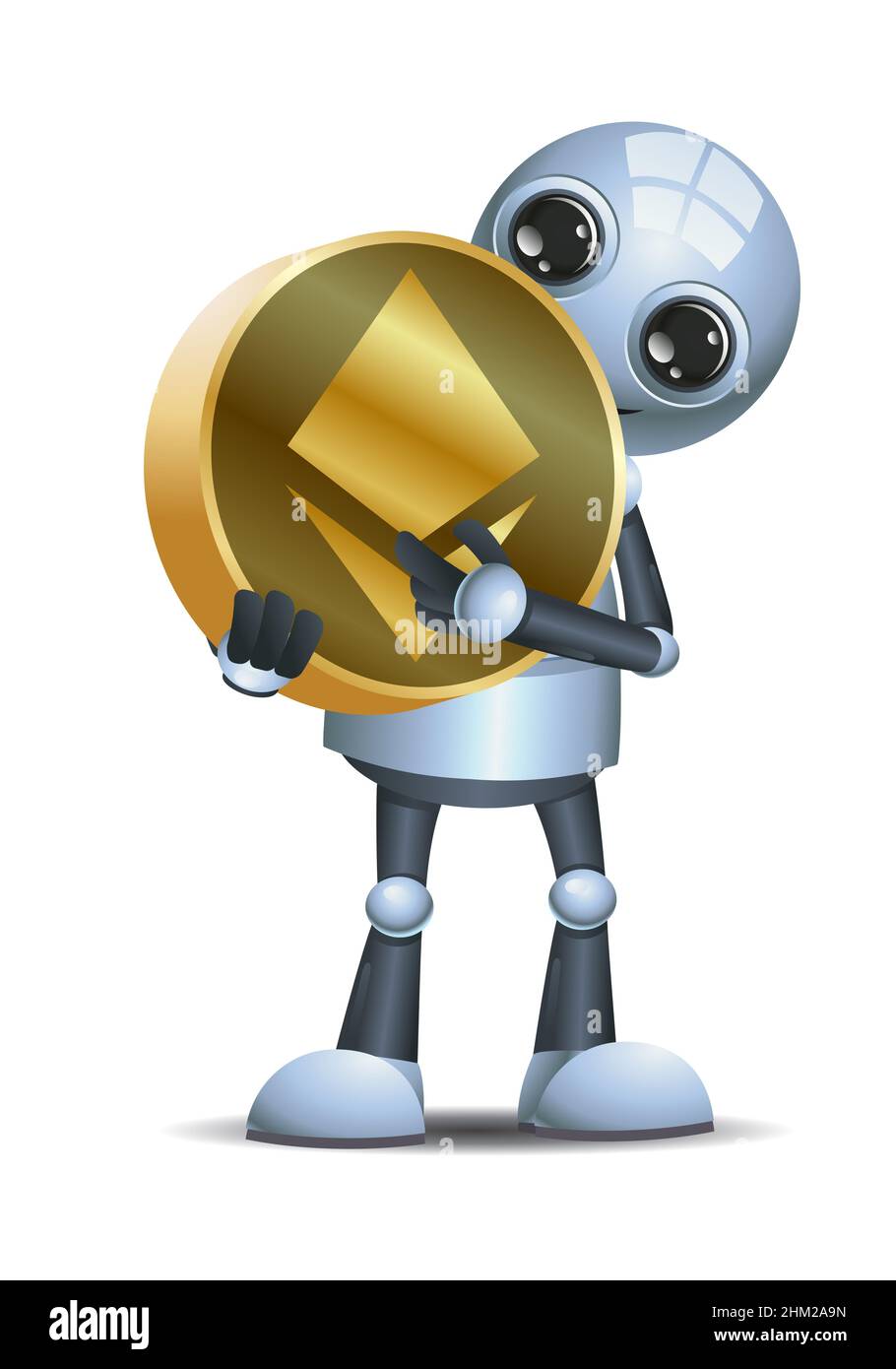 3D illustration of a little robot hold ethereum coin on isolated white ...